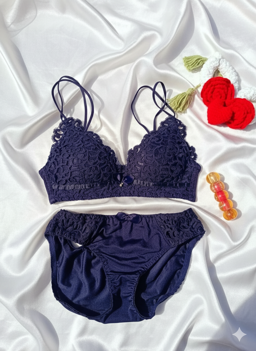Premium Blue French Style Romantic Lace Lingerie Set Under Glows